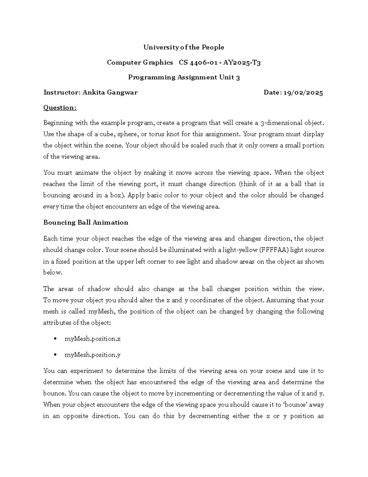 Computer Graphics CS 4406-01 - Programming Assignment Unit 3 - Studocu