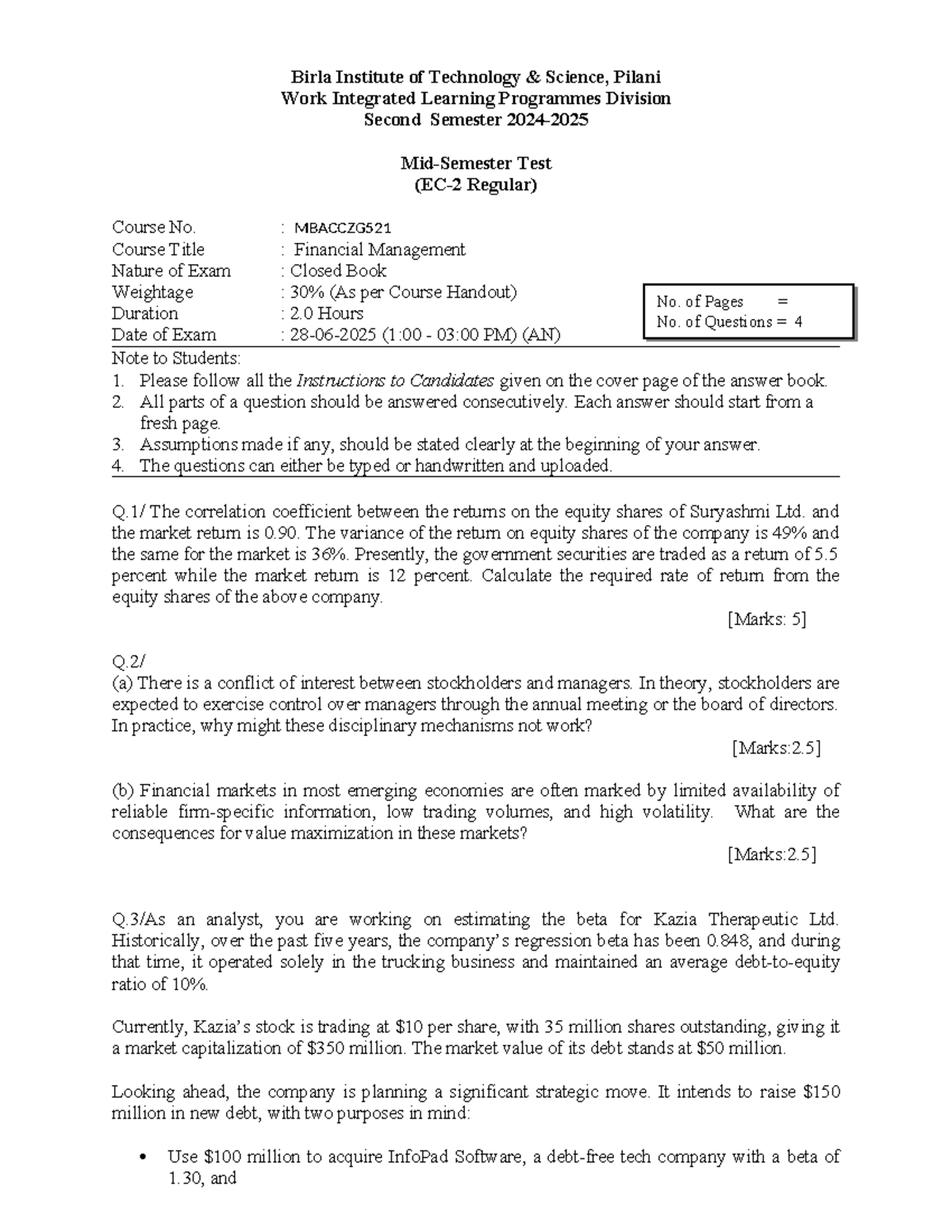 FM Past Exam Paper - MBACCZG521 - 2nd Sem Regular Test - Studocu