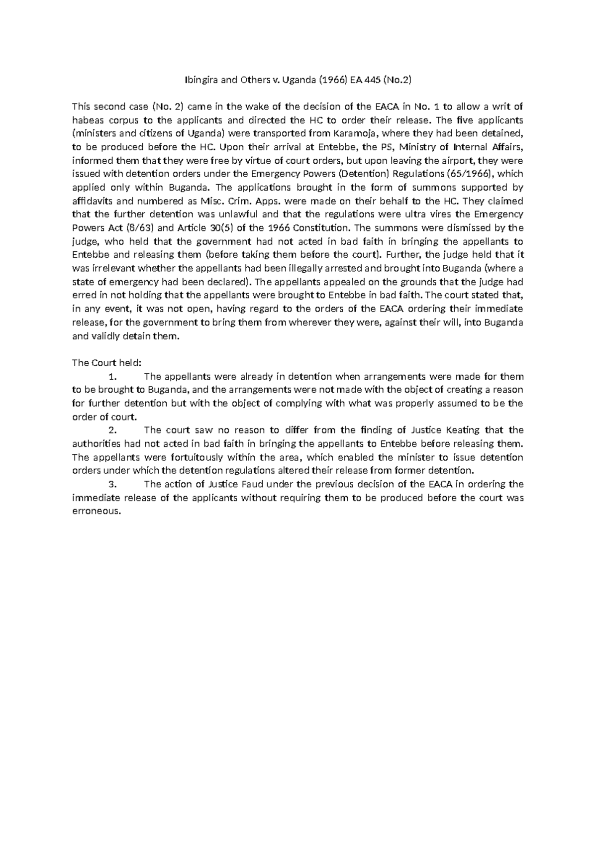 Ibingira & Others v. Uganda (1966) EA 445: Case Analysis - Studocu