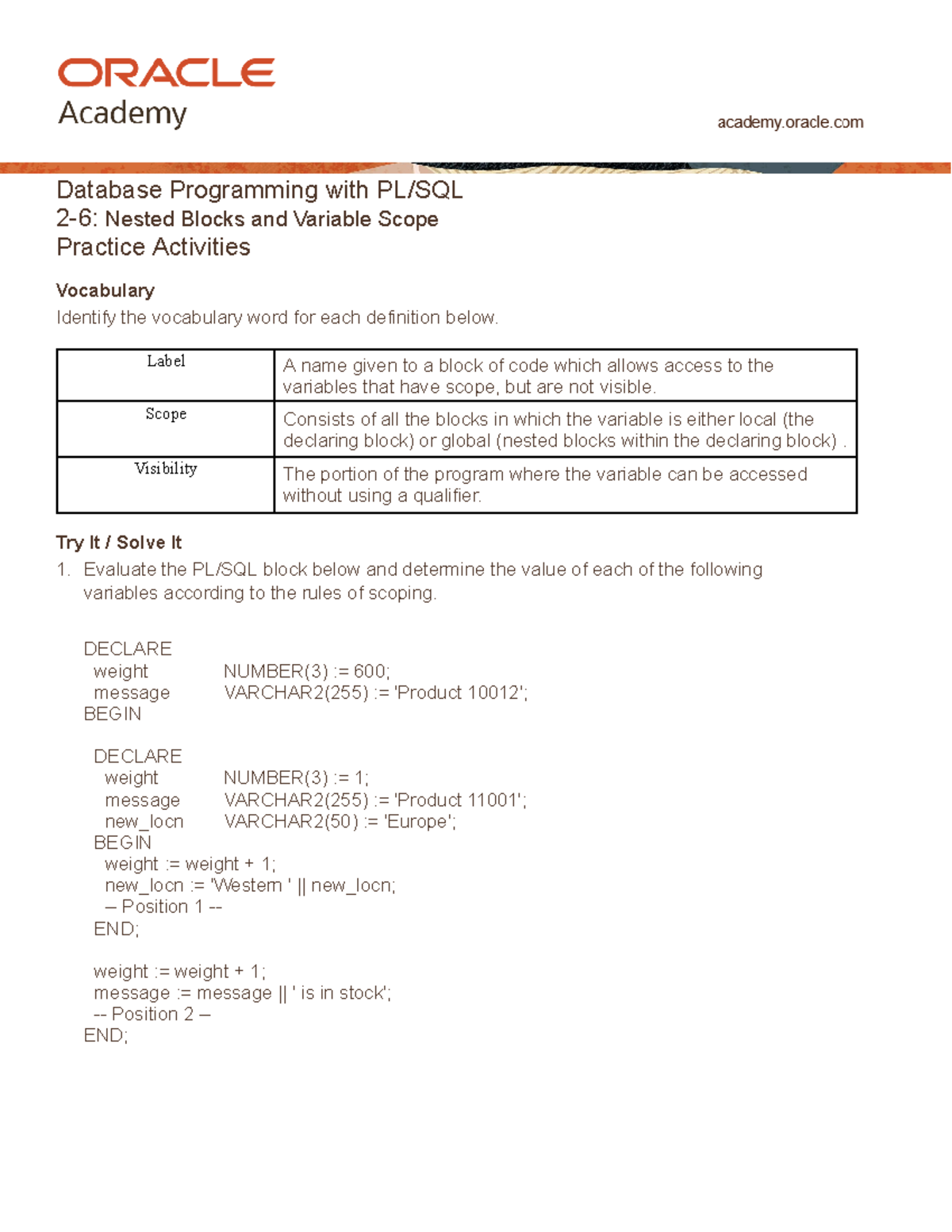Plsql 2 6 Practice - Database System with Administration - Database Programming with PL/SQL 2-6 ...