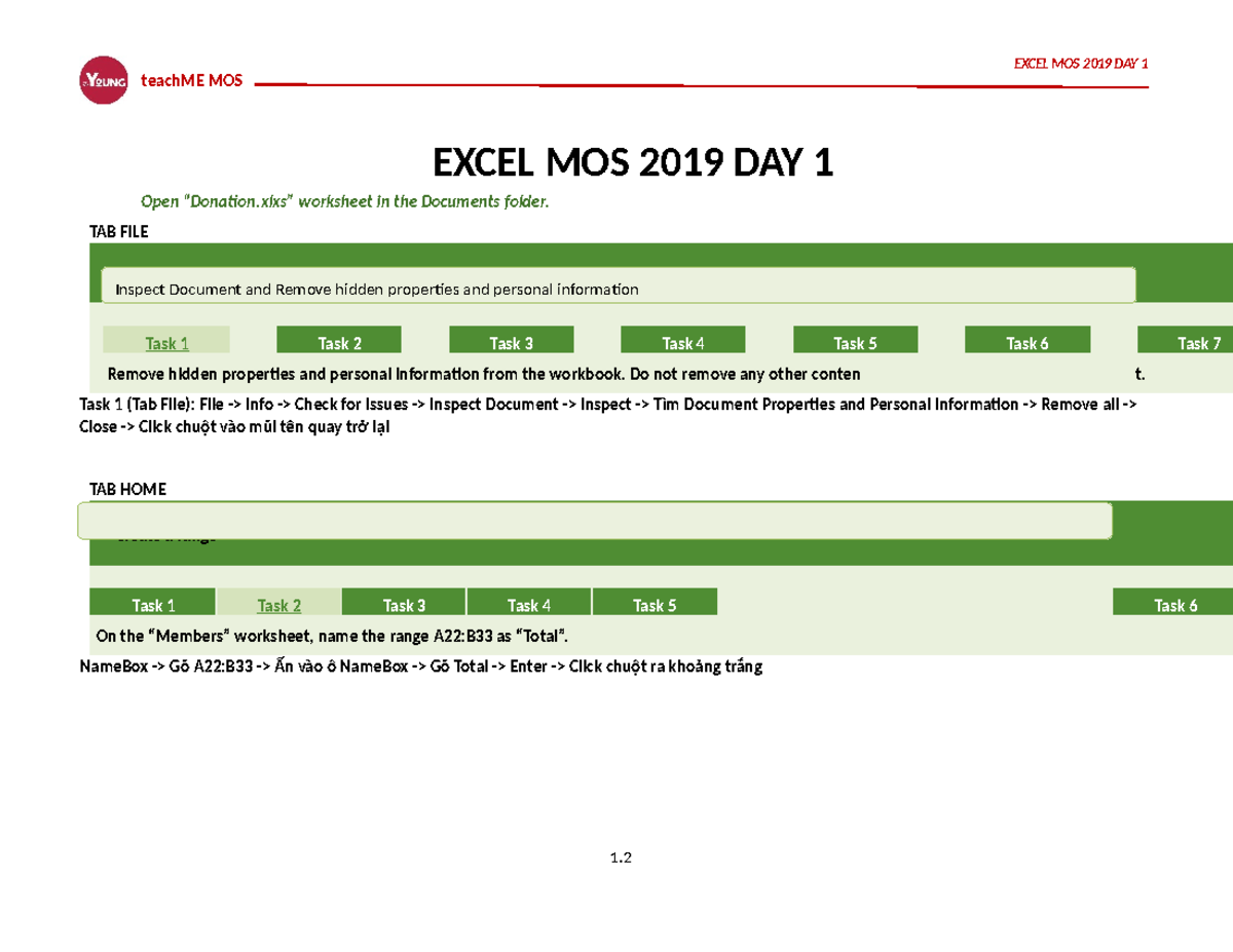 EXCEL MOS 2019 DAY 1 - teachME MOS Worksheet Tasks and Formatting - Studocu