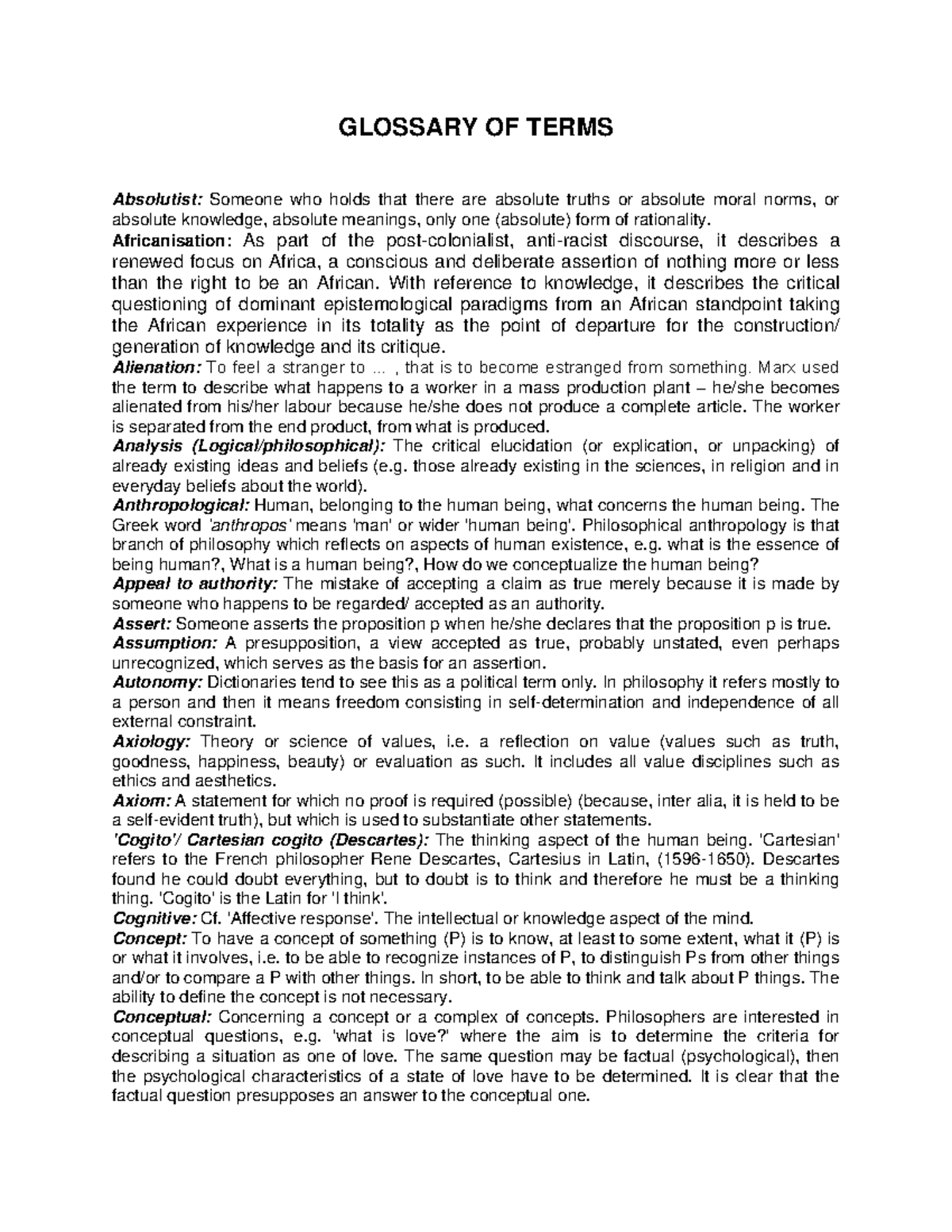 Glossary of Key Terms for Philosophy 101: Essential Concepts - Studocu