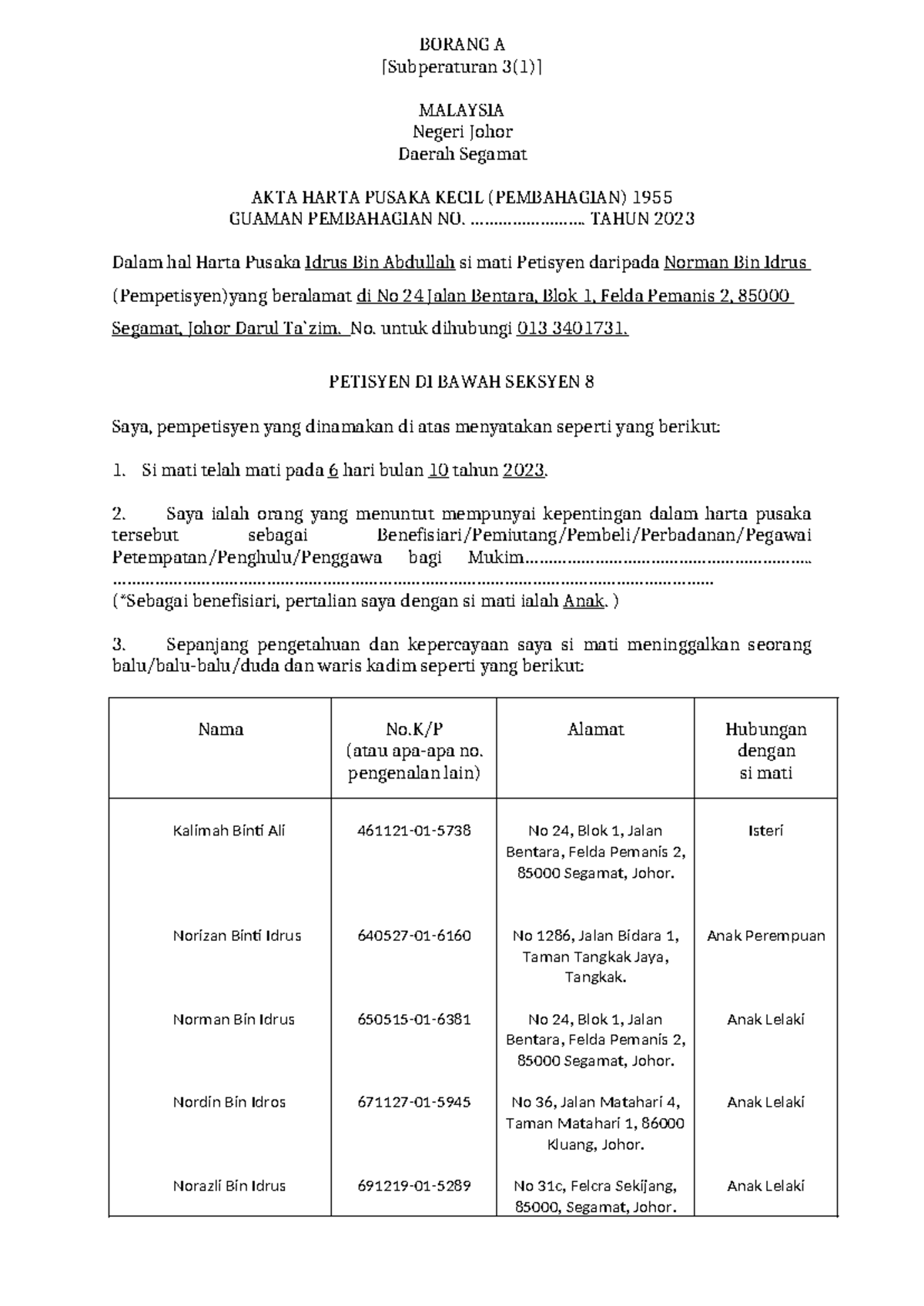 Borang A - Permohonan Pembahagian Harta Pusaka 1955 - Seksyen 8 - Studocu