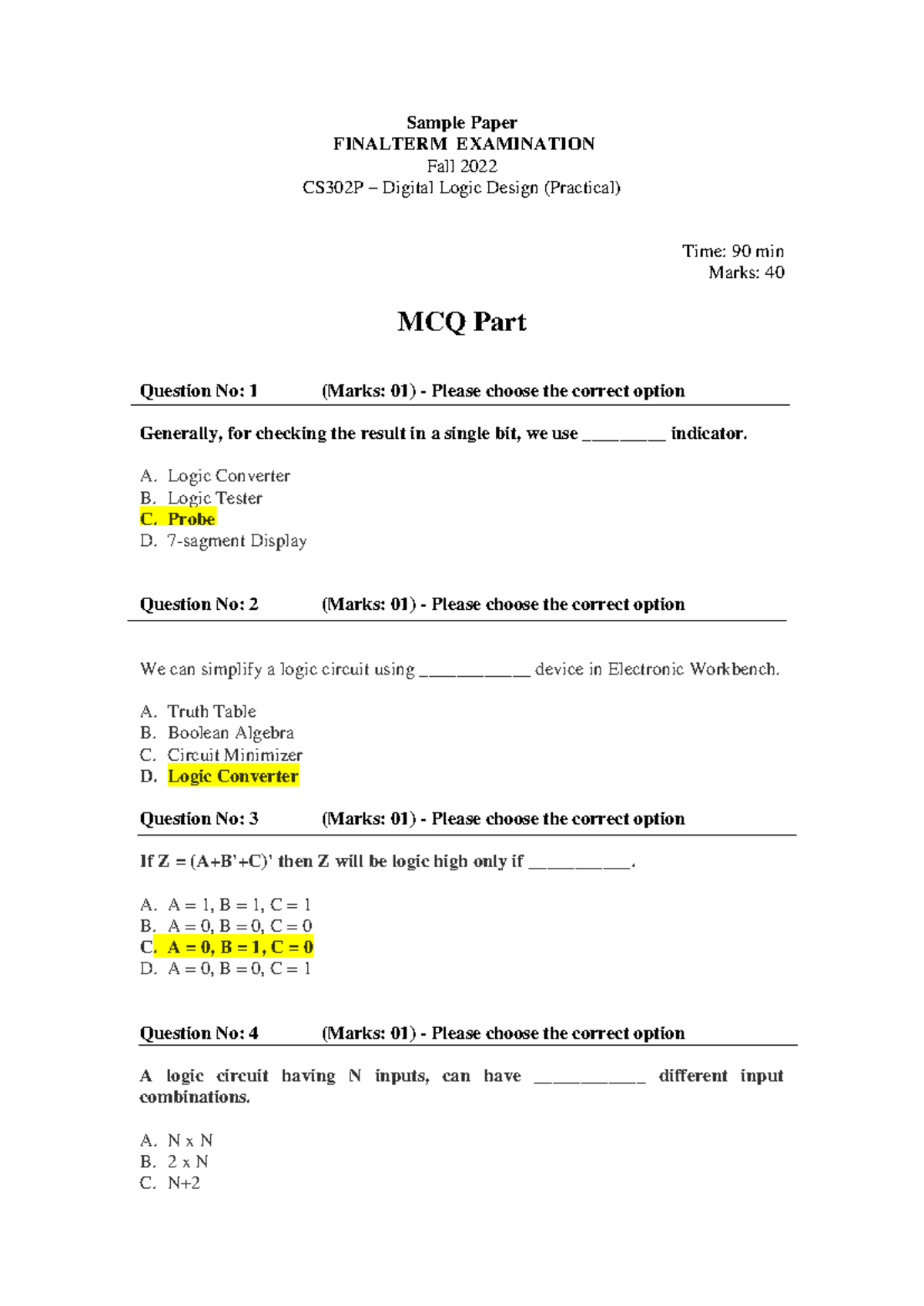 CS302P Final Term Exam Sample Paper Fall 2022 - Digital Logic Design ...