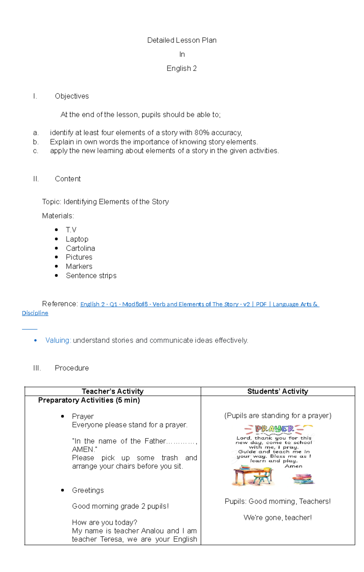 Detailed Lesson Plan: Identifying Story Elements in English 2 - Studocu