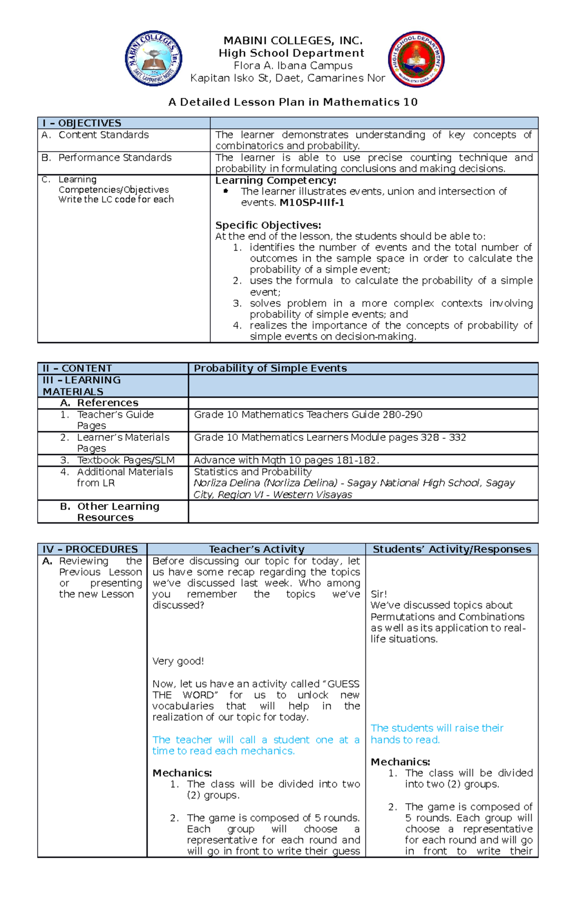Math10 DLP: Probability of Simple Events Lesson Plan Overview - Studocu