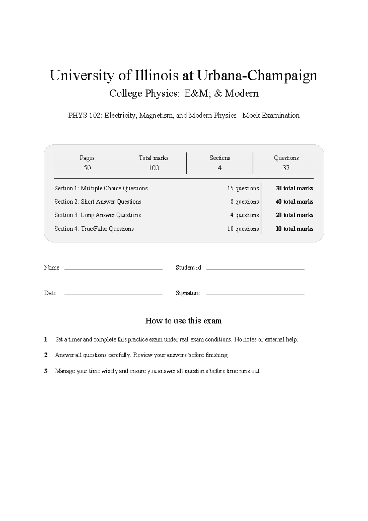 PHYS 102 College Physics: E&M & Modern Physics Mock Exam 2026 - Studocu