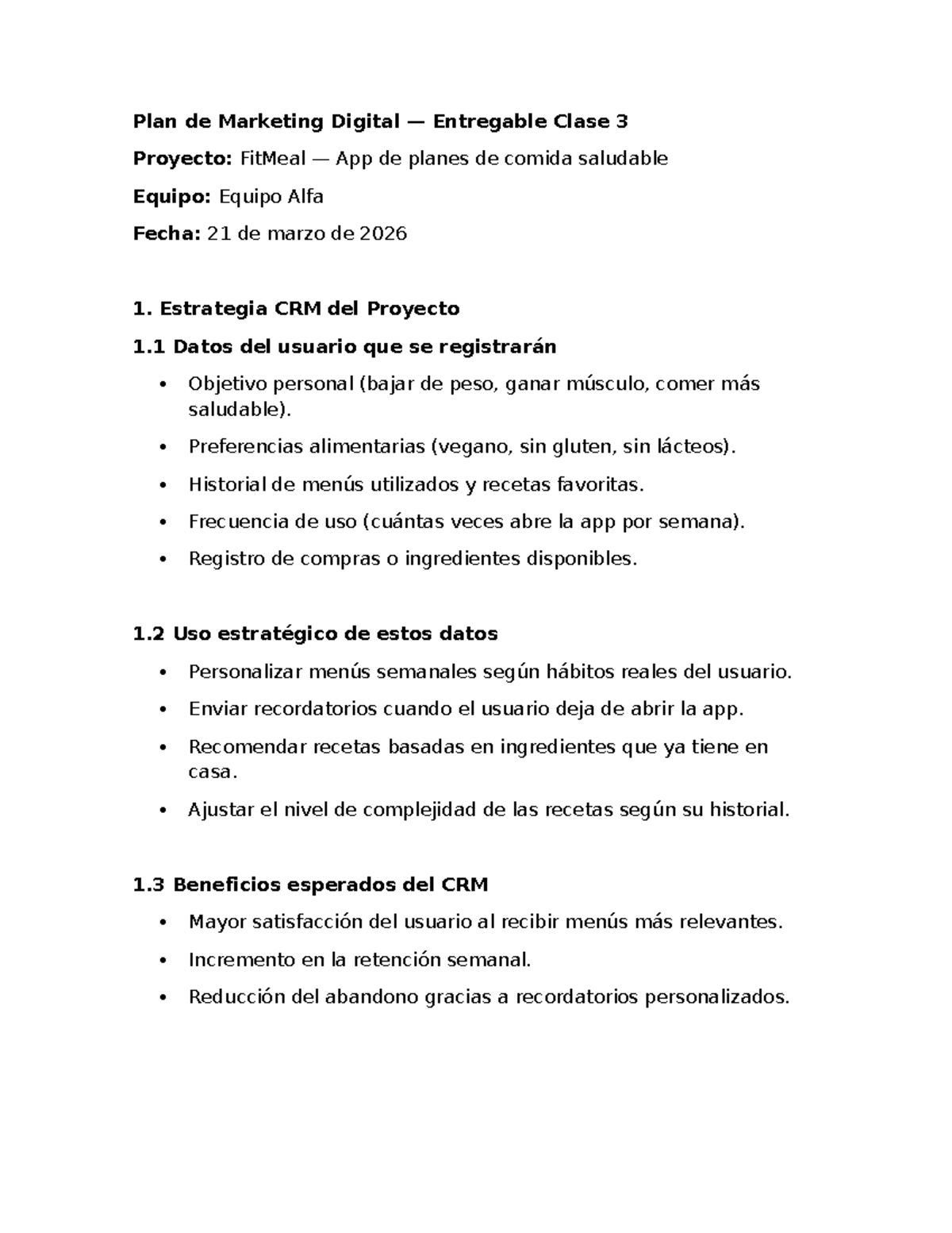 Entregable Clase 3: Plan de Marketing Digital para FitMeal App - Studocu