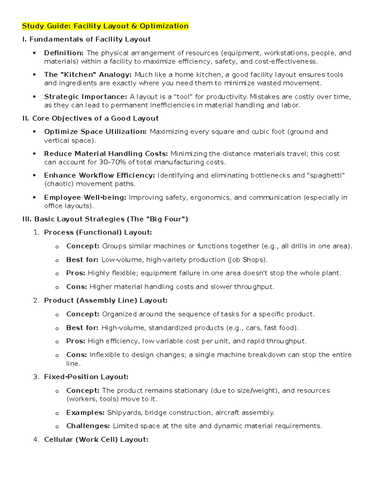Facility Layout Optimization Study Guide (MGT103) - Studocu