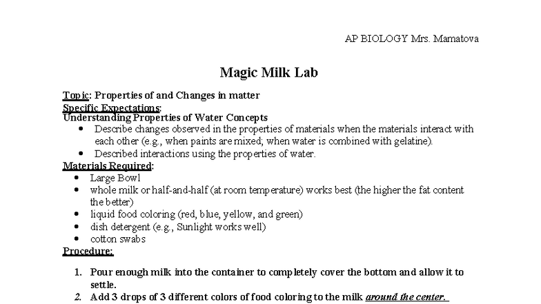 AP BIOLOGY Mrs. Mamatova Magic Milk Lab: Exploring Water Properties ...