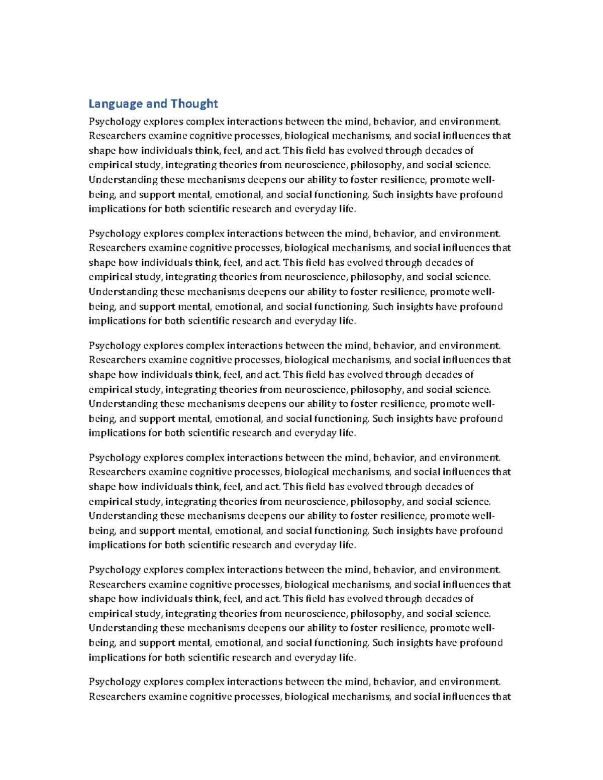 Language and Thought in Psychology: Exploring Mind and Behavior - Studocu