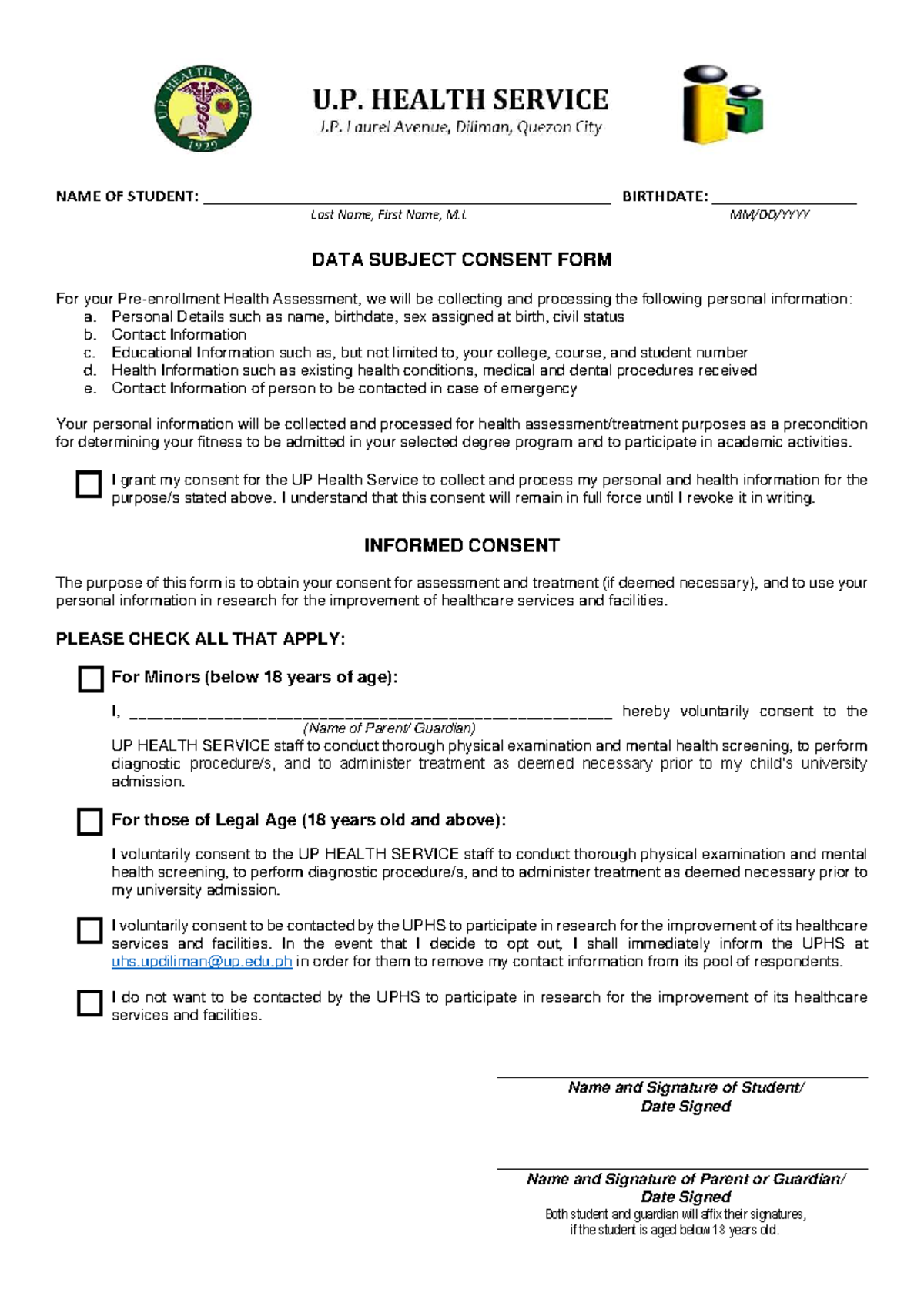 PEHA-Forms: Health Assessment Consent & Screening for UP Students - Studocu