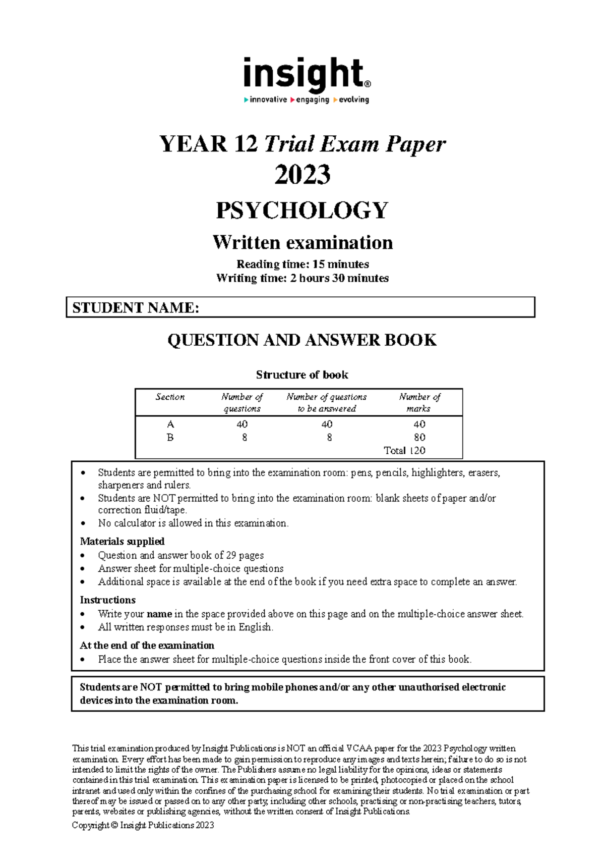 Year 12 Psychology Trial Exam Paper 2023: Questions & Answers - Studocu
