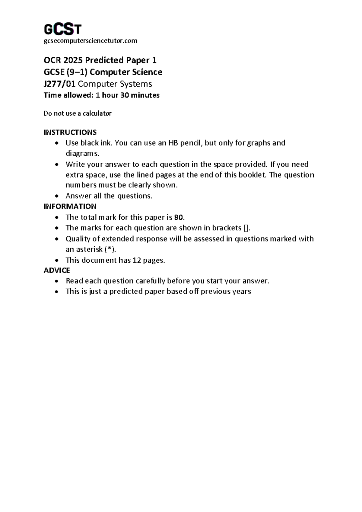 OCR 2025 Predicted Paper 1 Mark Scheme for GCSE Computer Science - Studocu