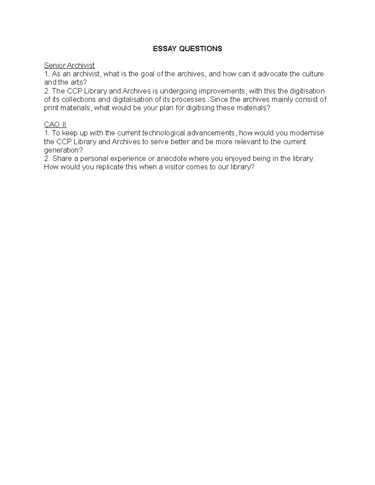 Essay Questions - Sr Archivist & CAO II - Studocu