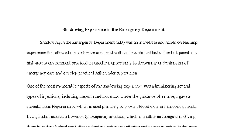 ED Shadowing Experience: Insights from the Emergency Department - Studocu