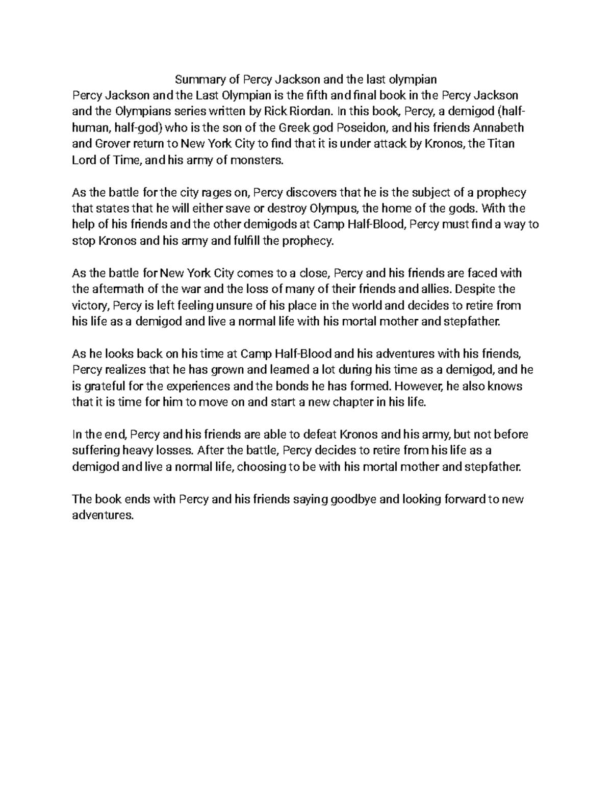 Summary of Percy Jackson: The Last Olympian (Final Book) - Studocu