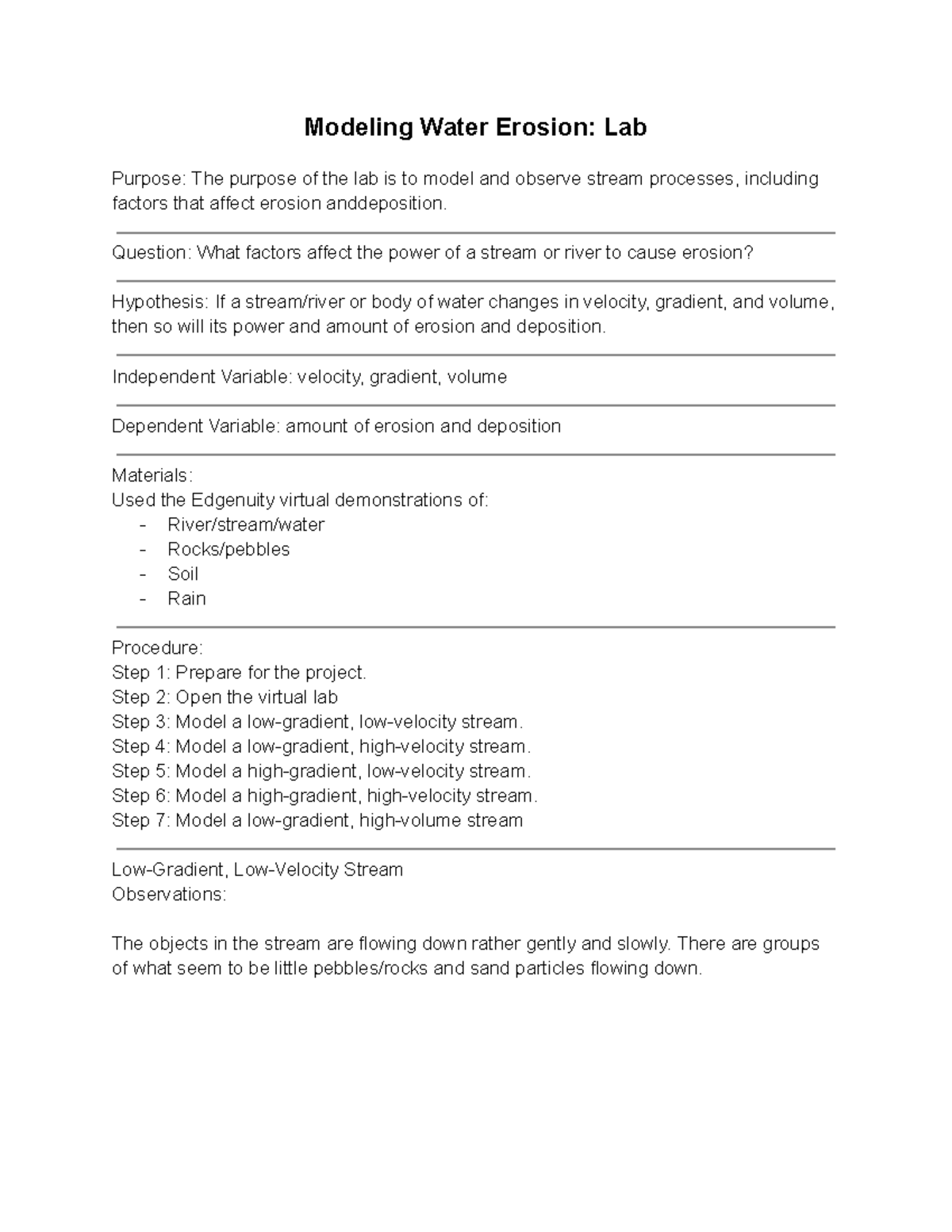 Edgenuity Lab Report: Modeling Water Erosion and Stream Processes - Studocu