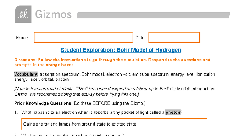 Bohr Model of Hydrogen SE (2025) - Student Exploration Guide - Studocu