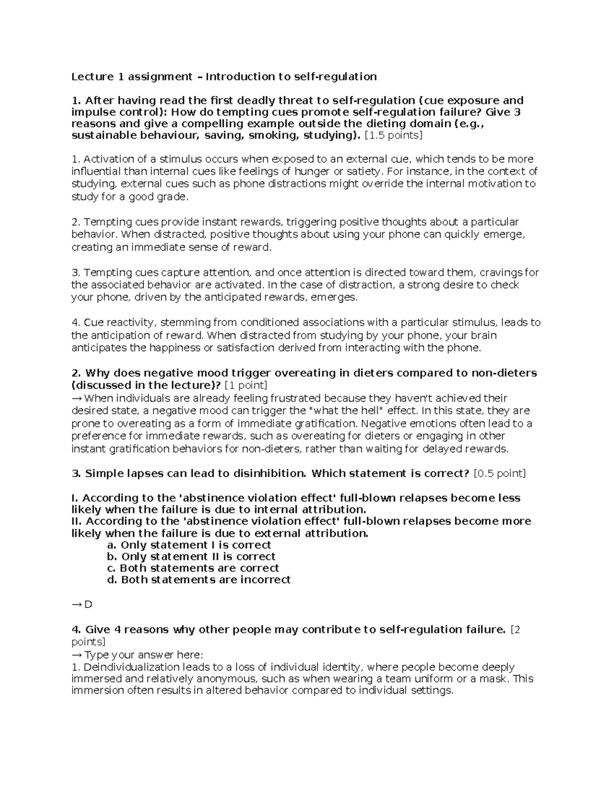 Lecture 1 Assignment - Intro to Self-Regulation: Key Questions & Insights - Studeersnel