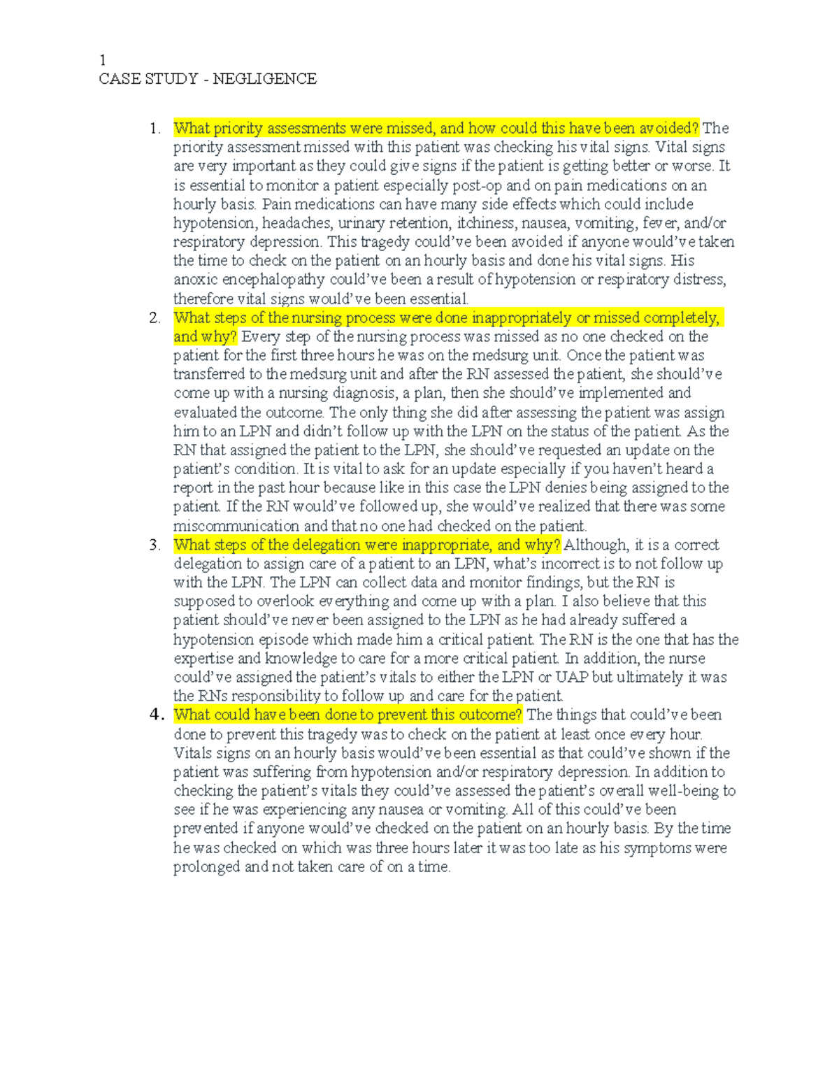 Case Study - Negligence in Patient Care: Missed Assessments and ...