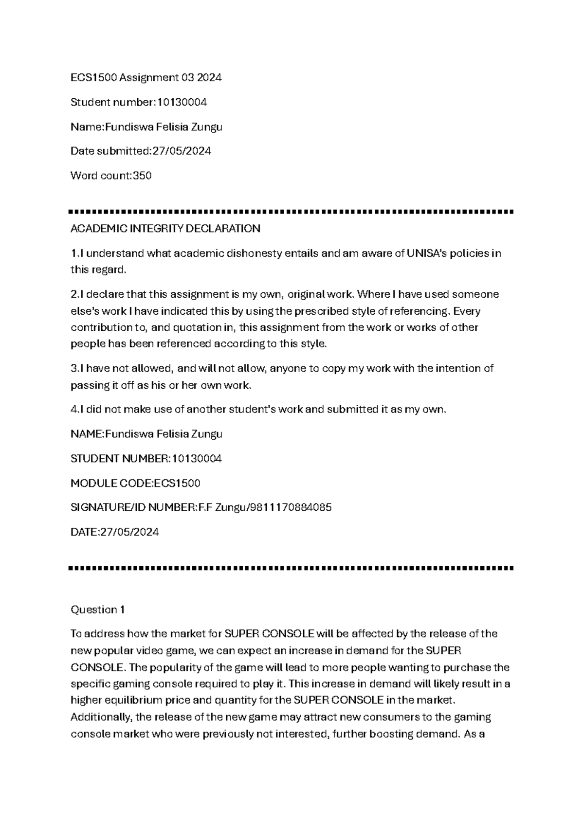 ECS1500 Assignment 03: Market Impact Analysis and Economic Trends - Studocu