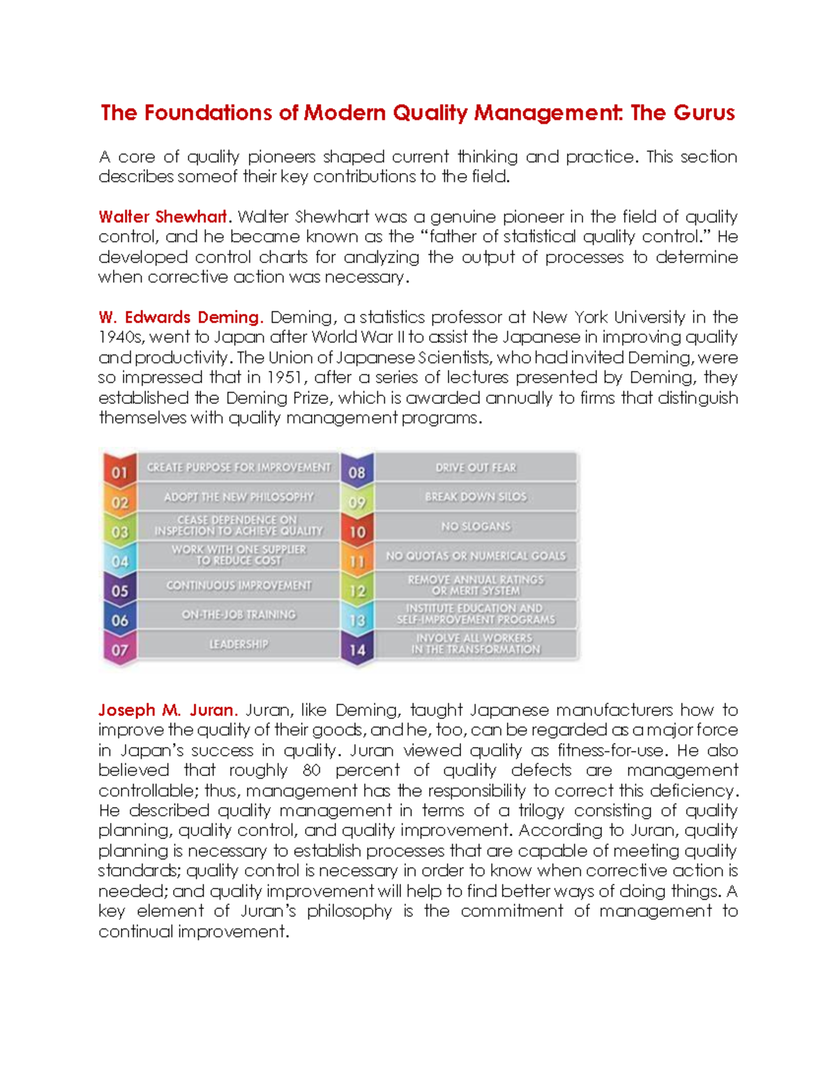 The Foundations of Modern Quality Management - This section describes ...