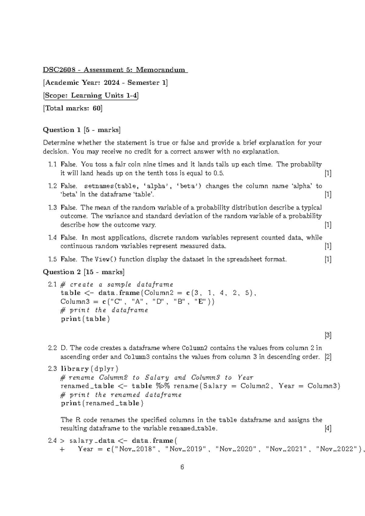 DSC2608 - Assessment 5 Memorandum Overview S1 2024 (Units 1-4) - Studocu