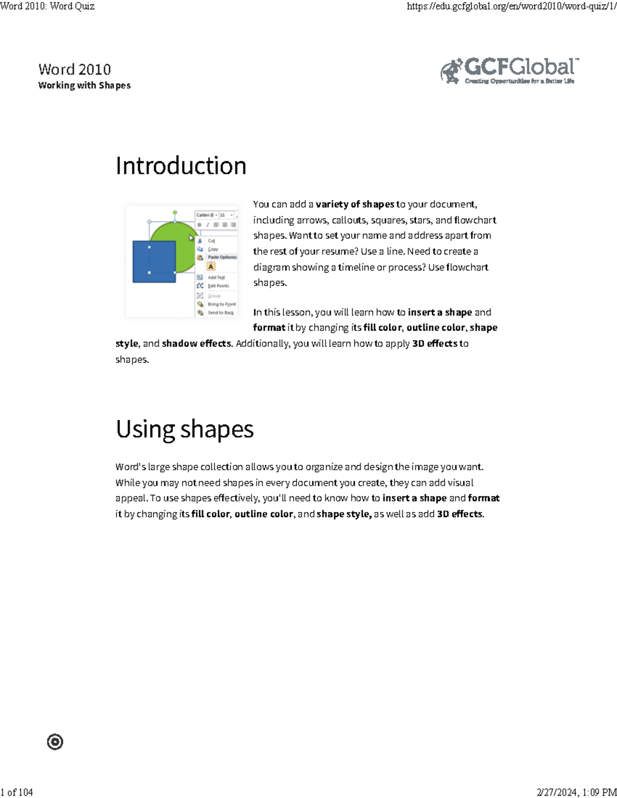 Word 2010 Quiz: Mastering Shapes and Text Boxes - Studocu