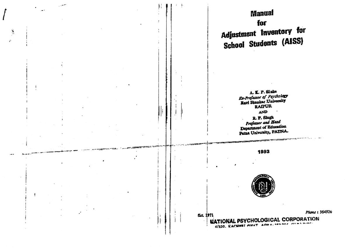 Adjustment Inventory for School Students (AISS) Manual - Studocu