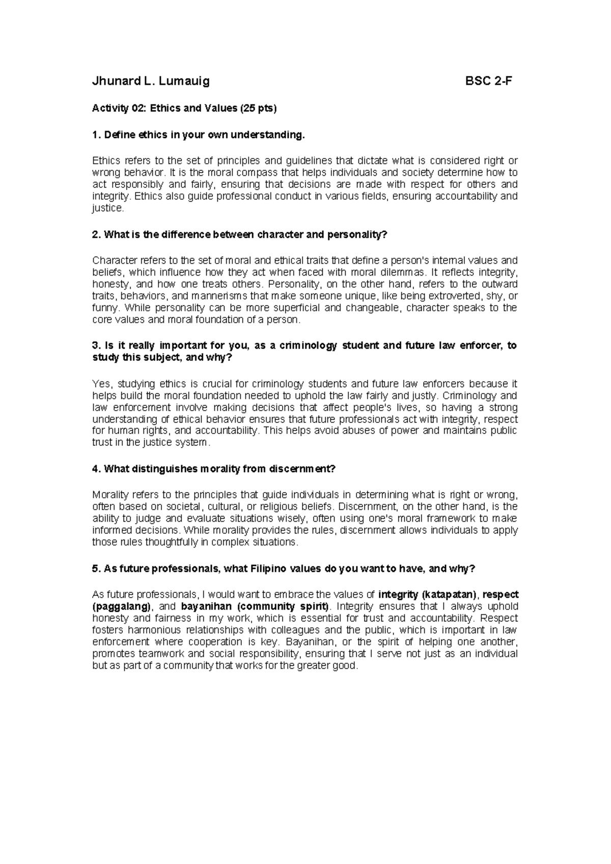 Activity 02: Ethics and Values in Law Enforcement - Crim 101 - Studocu