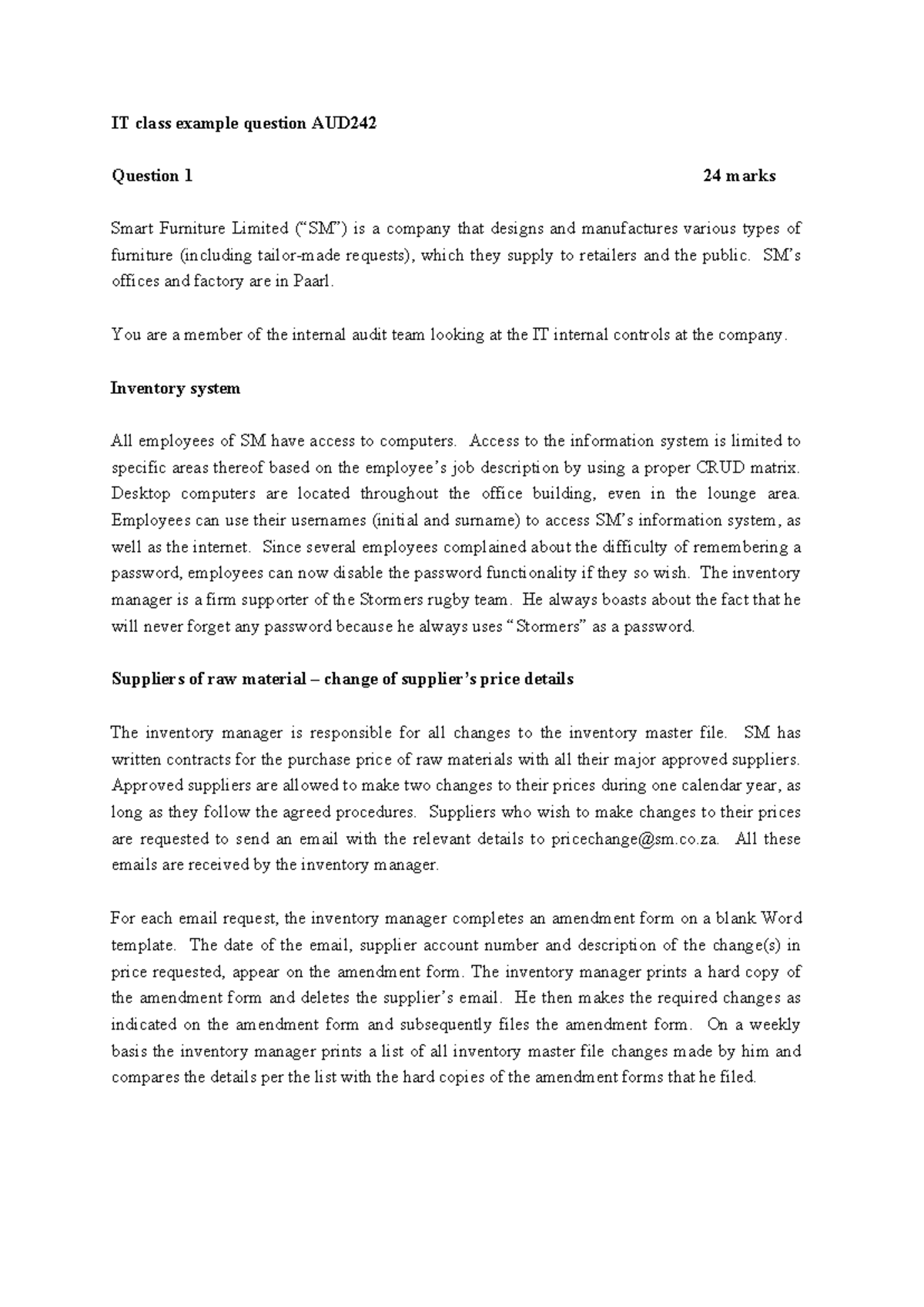 IT Class Example Question AUD242: Internal Controls at Smart Furniture ...
