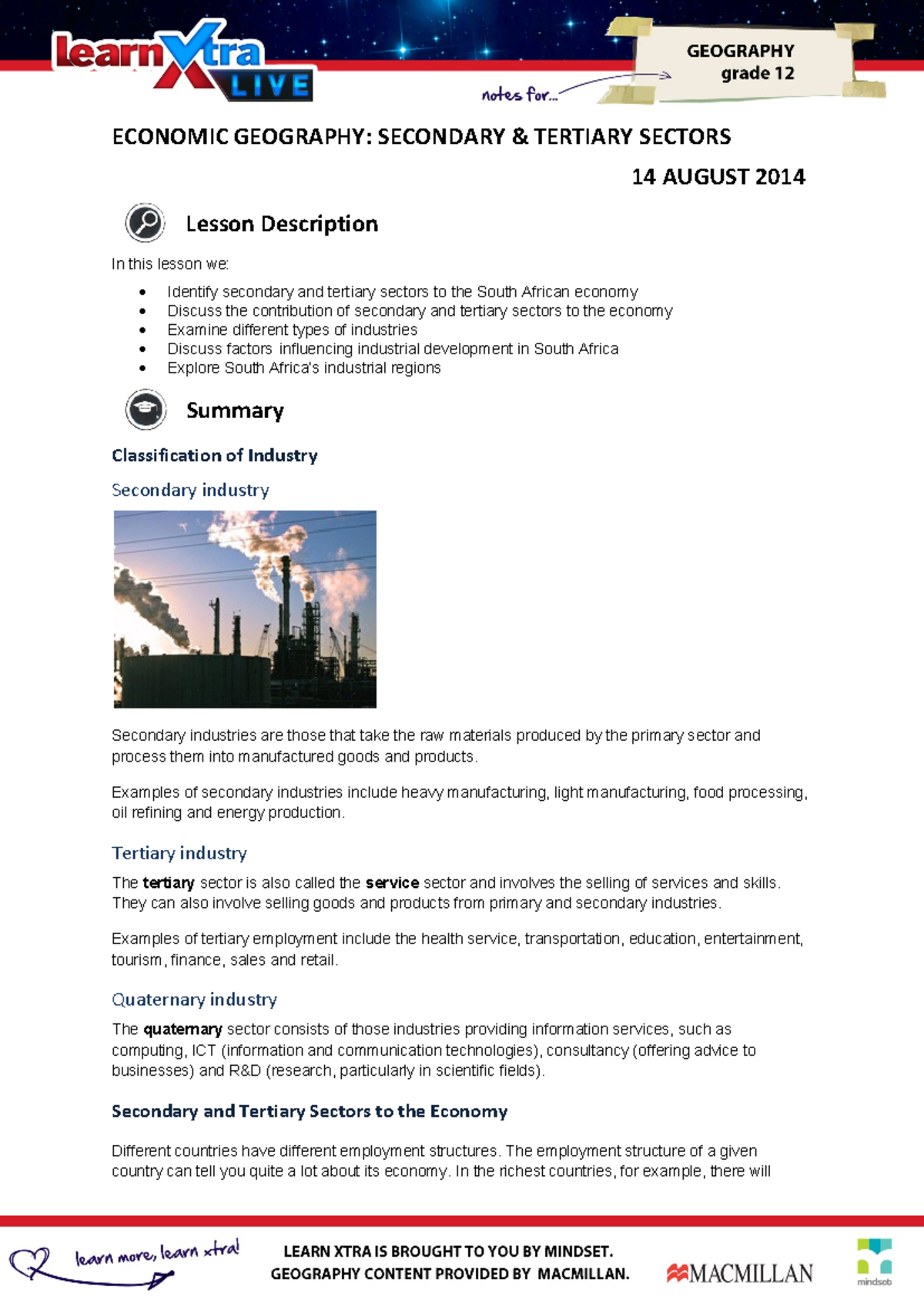 LXL Gr12Geography: Lesson on Secondary & Tertiary Economic Sectors ...