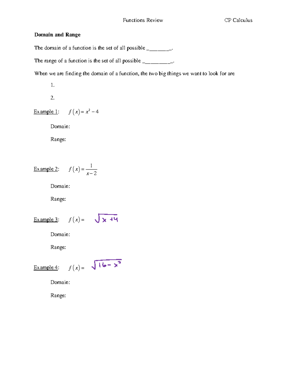 Functions Review: Domain, Range, and Compositions - CP Calculus - Studocu
