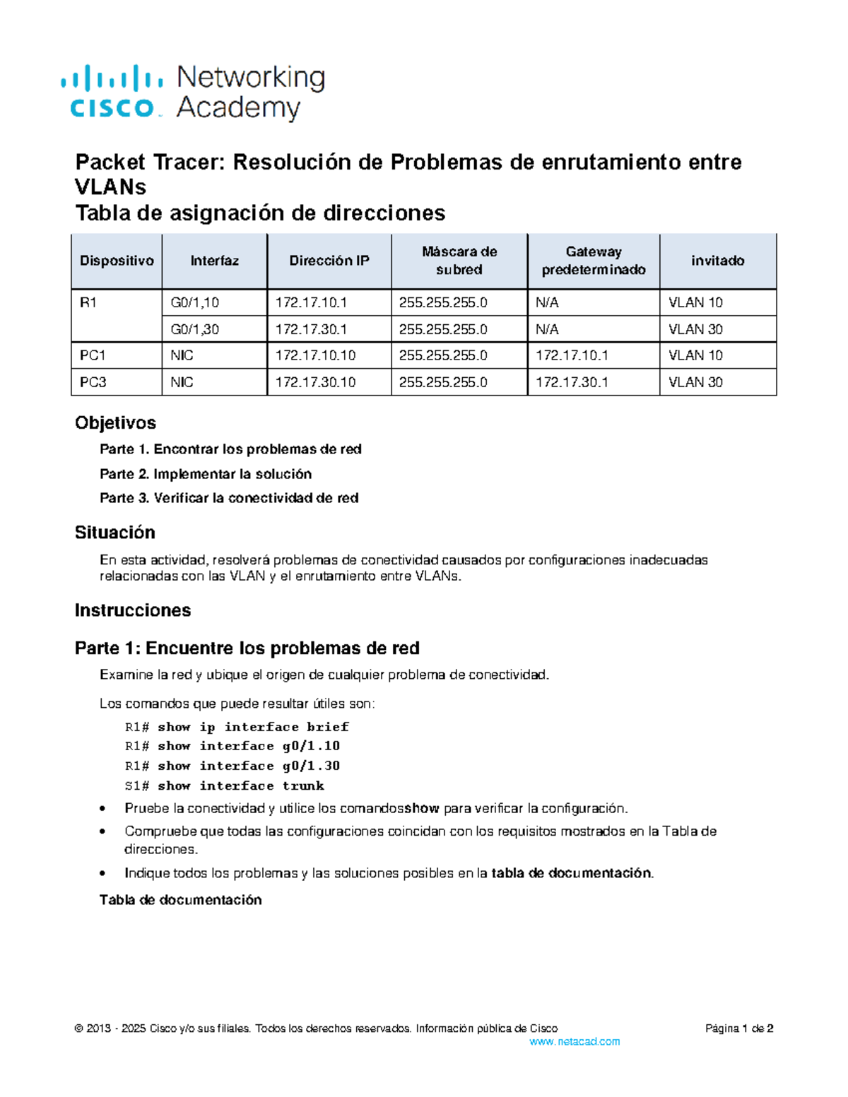 Packet Tracer: Resolución de Problemas de Enrutamiento Inter-VLANs - Studocu