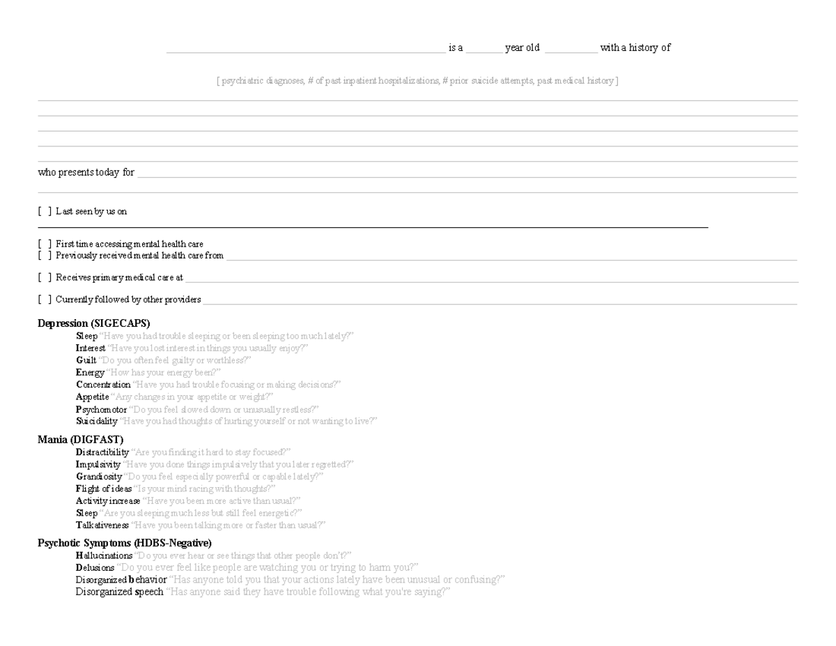 Outpatient Intake Notes: Comprehensive Mental Health Assessment - Studocu