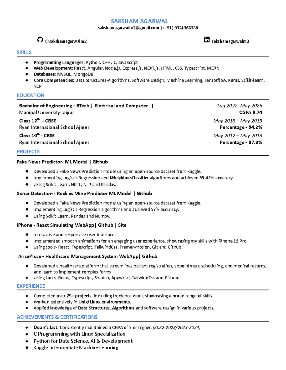 Resume Saksham Agarwalm 2 - SAKSHAM AGARWAL sakshamagarwalm2@gmail | (+91) 9024368386 - Studocu
