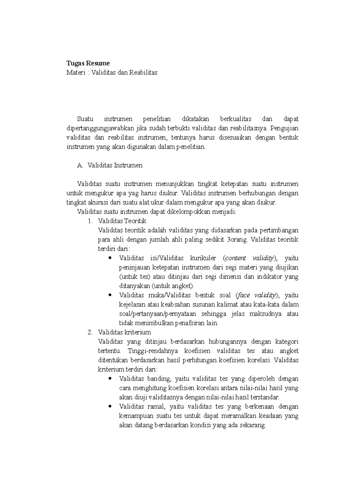 Resume Validitas dan Reabilitas Instrumen Penelitian - Tugas Kursus - Studocu