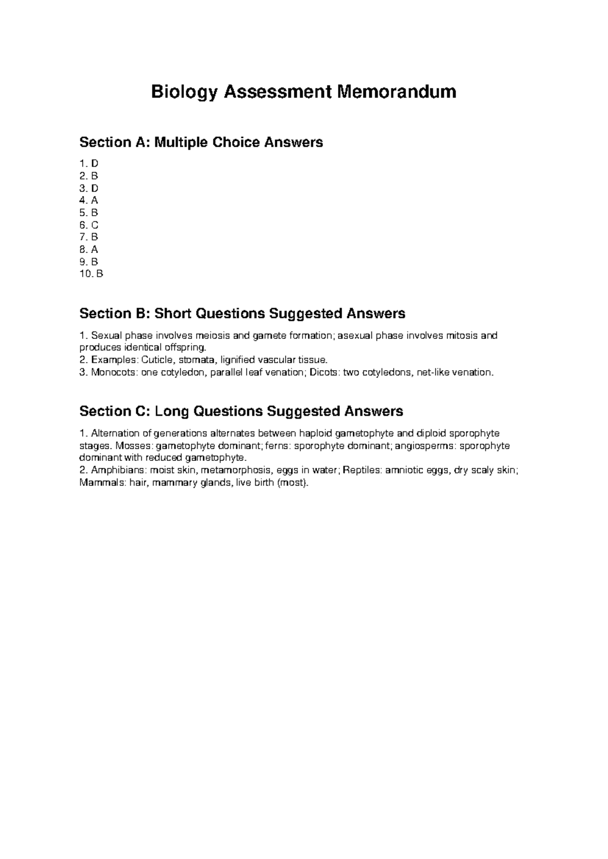Biology 101 Final Exam Memo: MCQs & Suggested Answers - Studocu