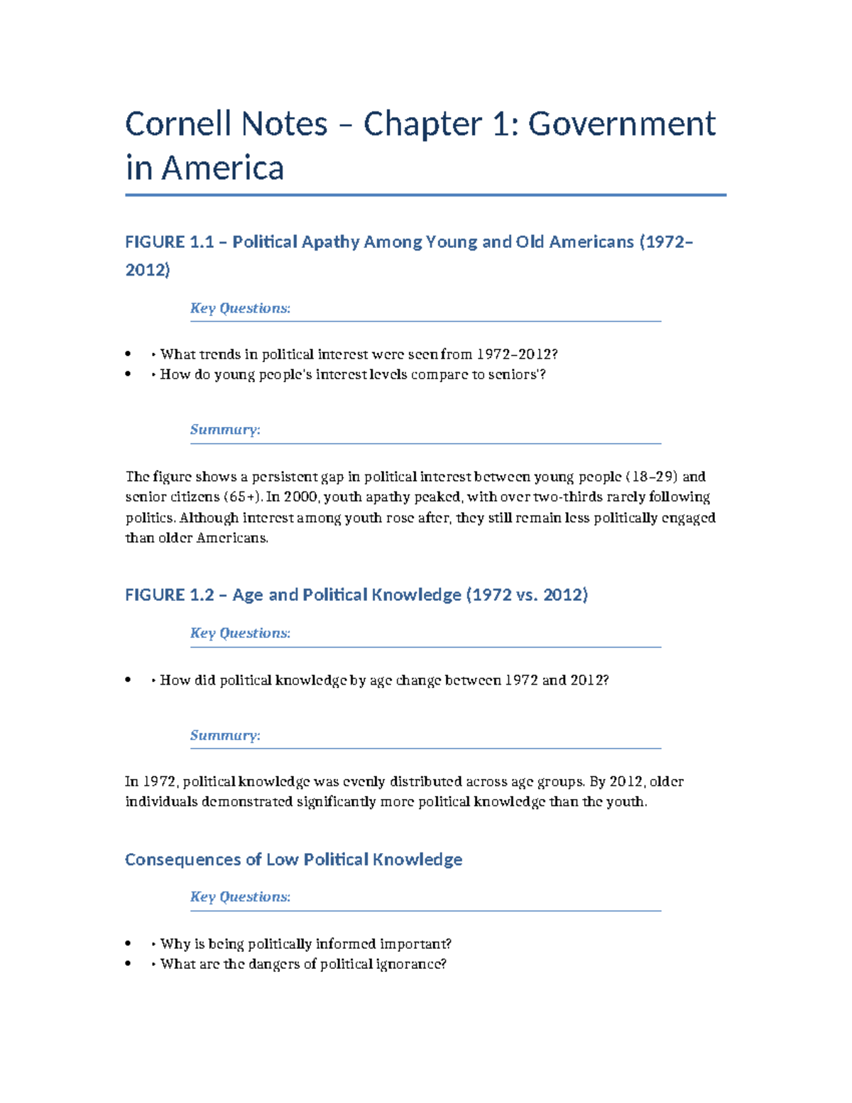 Cornell Notes CH1: Political Engagement Trends in America - Studocu