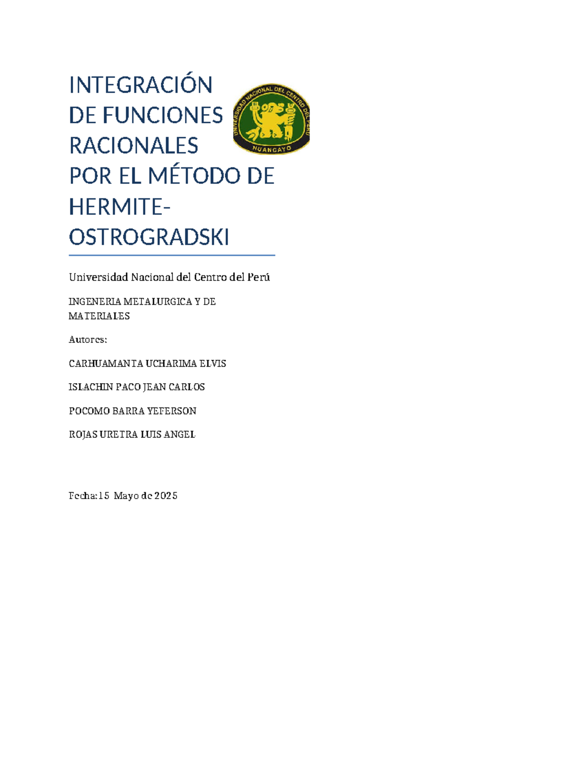 Método de Hermite-Ostrogradski para Integración de Funciones Racionales ...
