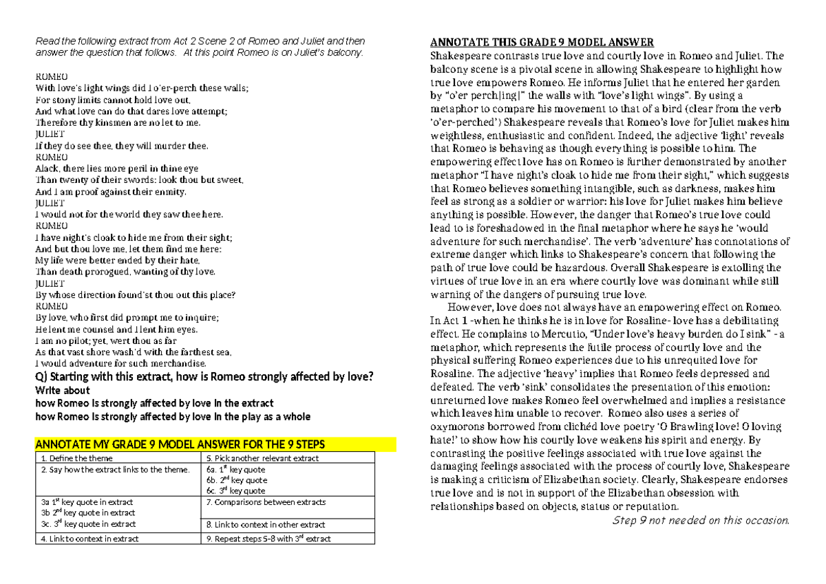 Grade 9 Model Answer on the Themes of Love, Fate, and Death in Romeo ...