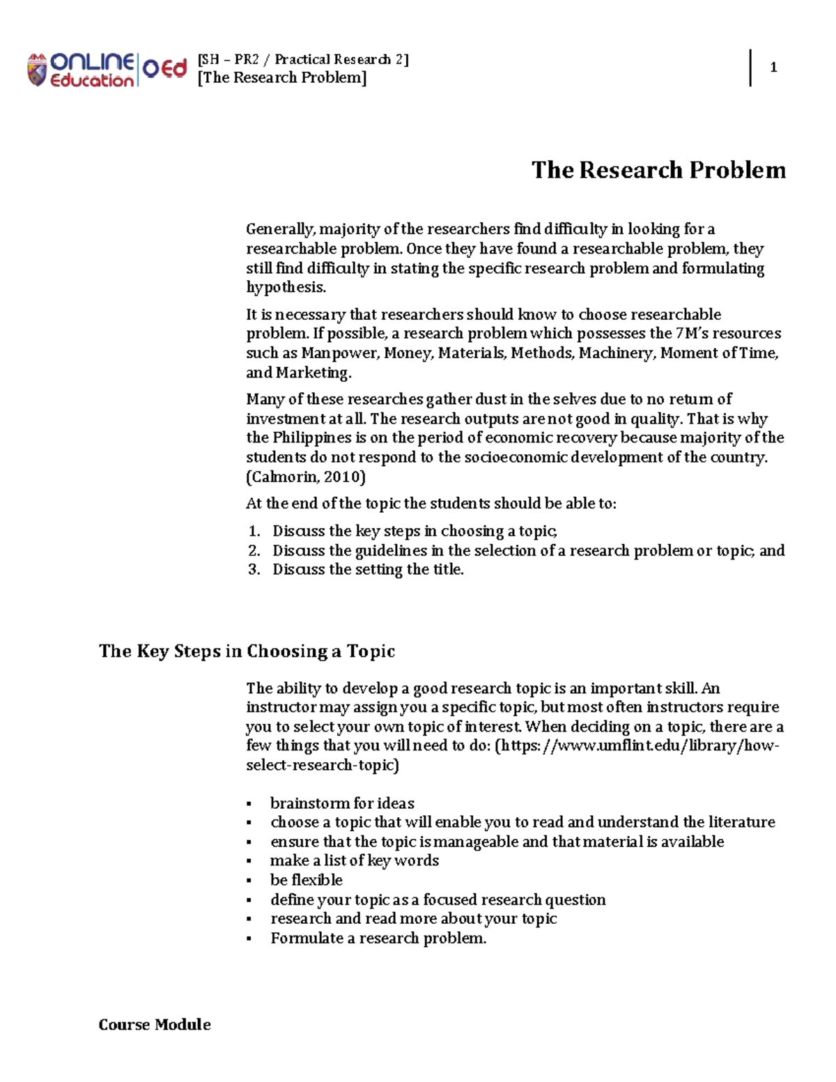 Week 004 Module The Research Problem - [SH – PR2 / Practical Research 2 ...