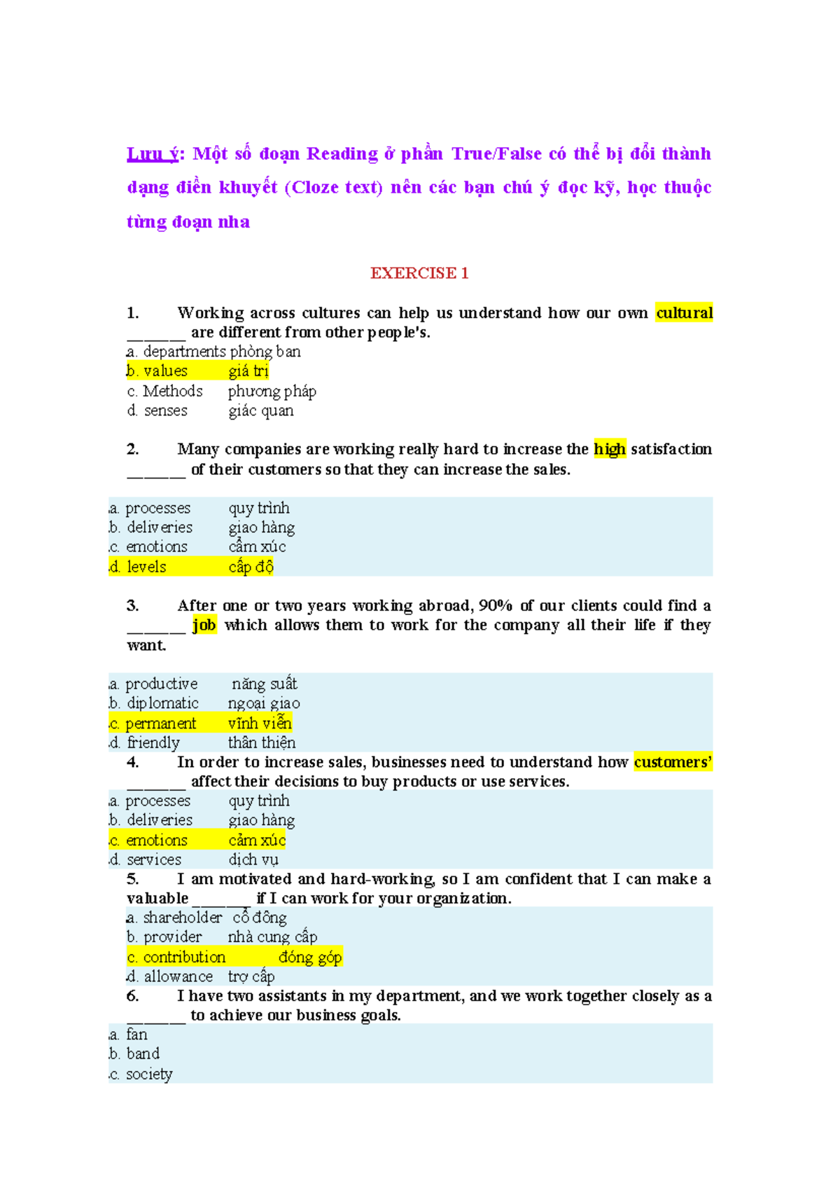 Ôn tập cuối kỳ TACN1 - Reading Cloze Exercises - Studocu