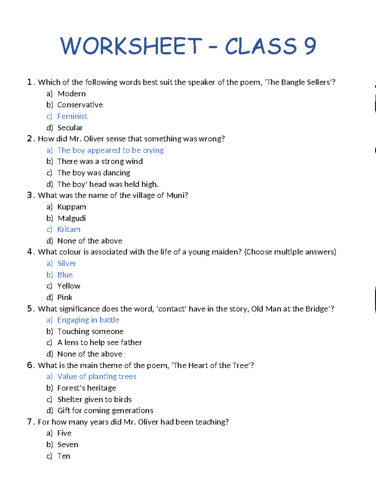 Worksheet - class 9 - This is meant for practice! - WORKSHEET – CLASS 9 ...