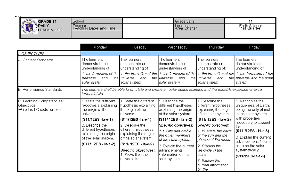 GRADE 11 EARTH SCIENCE DAILY LESSON LOG (1st Quarter) - Studocu