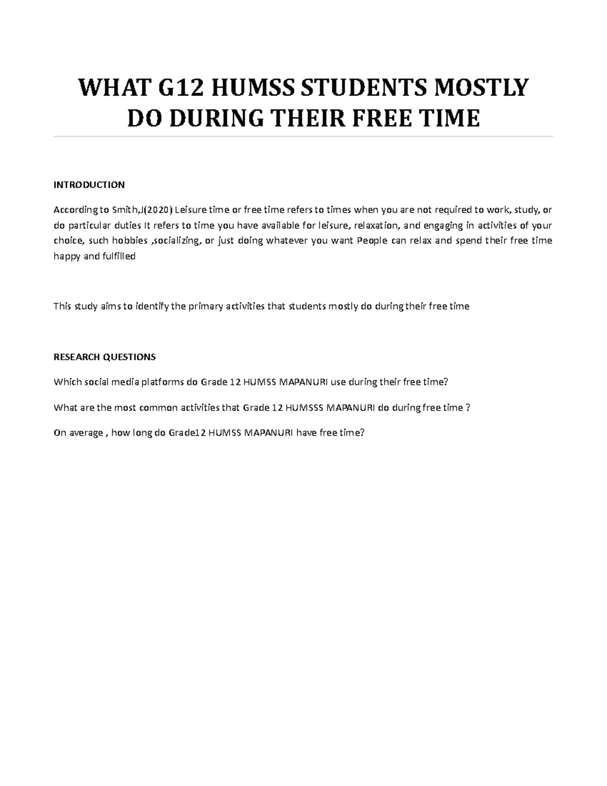 G12 HUMSS Free Time Activities: A Study on Student Preferences - Studocu