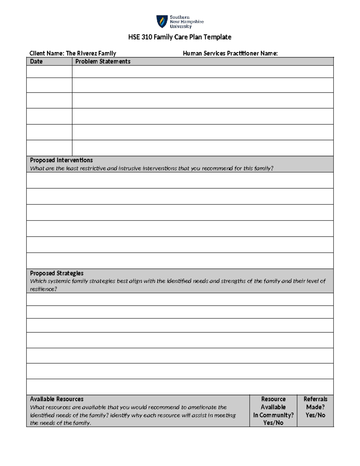 HSE 310 Family Care Plan Template for The Riverez Family - Studocu