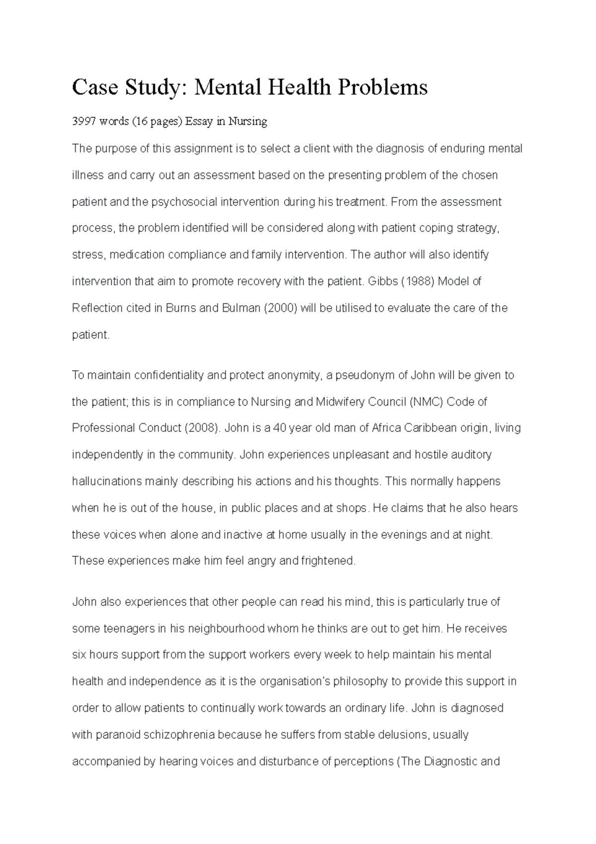 Case Study - Mental Health Assessment of a Patient with Schizophrenia ...