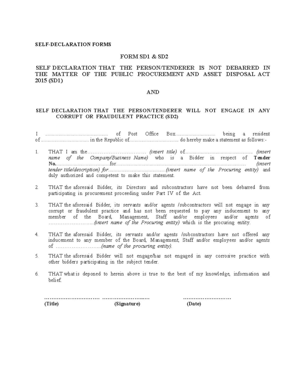 SELF-Declaration Forms SD1 & SD2 for Public Procurement Compliance ...
